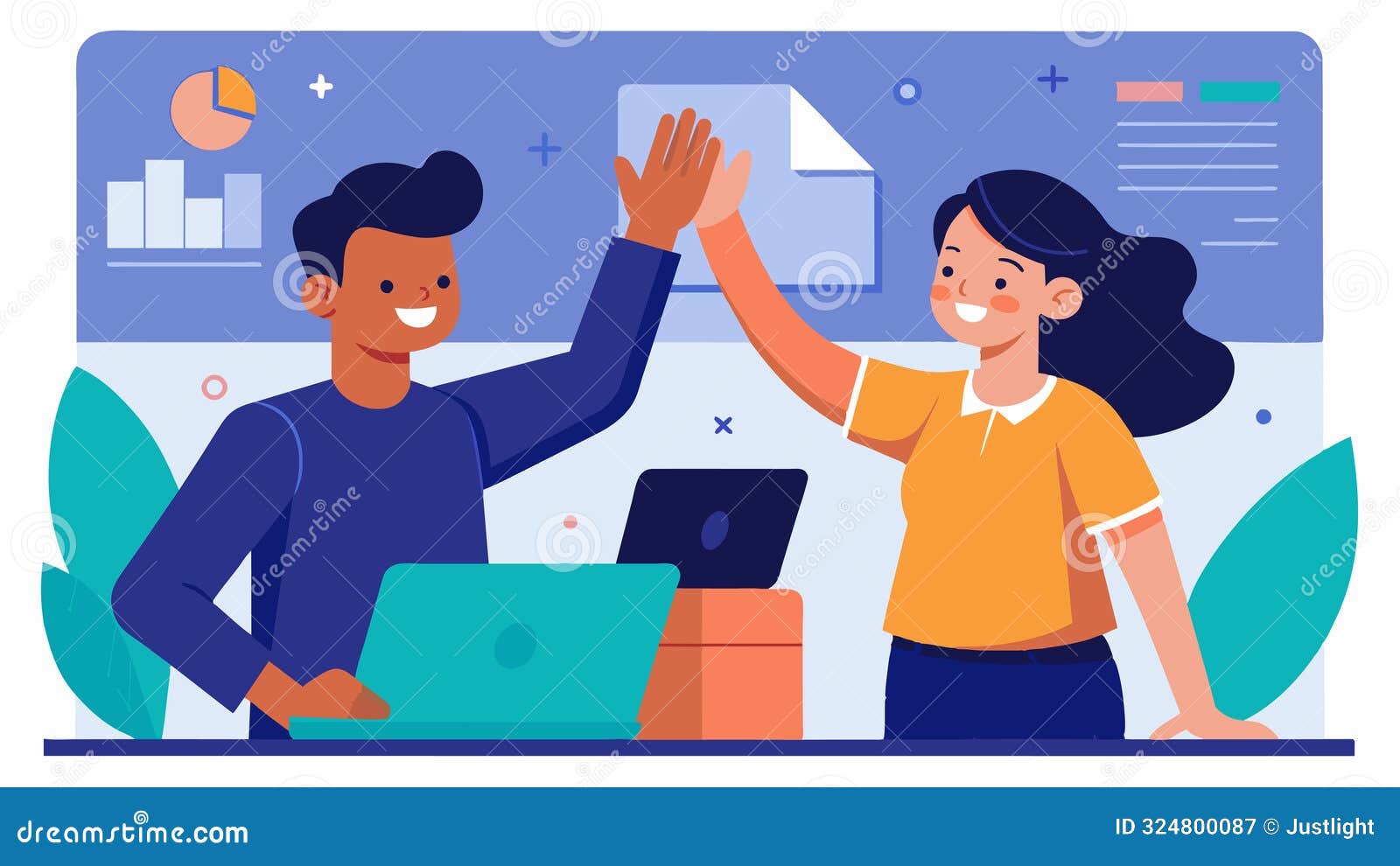 A Pair of Students Highfiving Each Other after Successfully Presenting ...