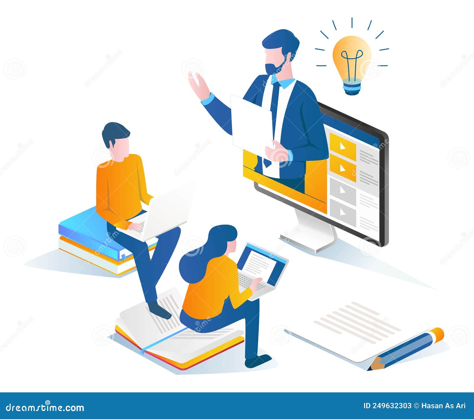 A Pair of Students Studying with a Computer Video Tutorial Stock Vector ...