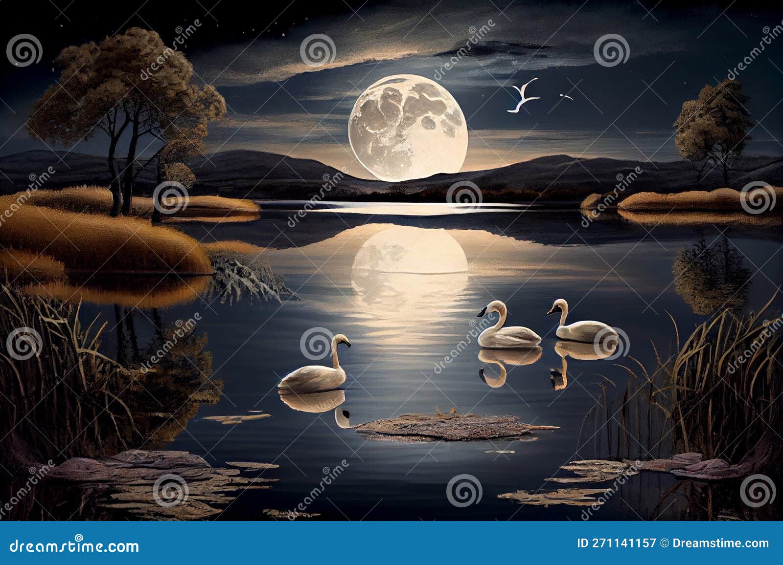 Pair of Swans Enjoy the Silence of the Night in the Illumination of the ...