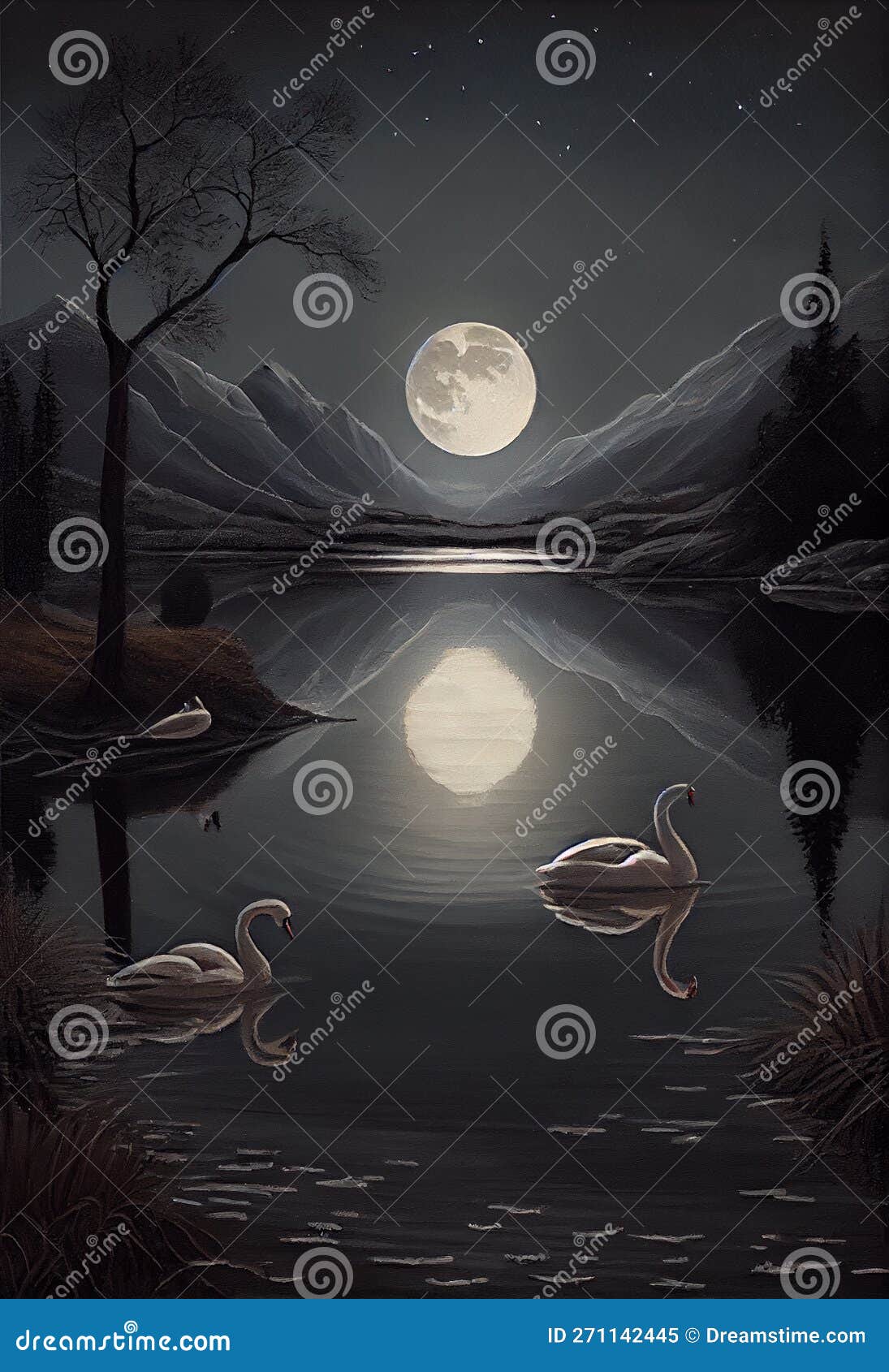 Pair of Swans Enjoy the Silence of the Night in the Illumination of the ...