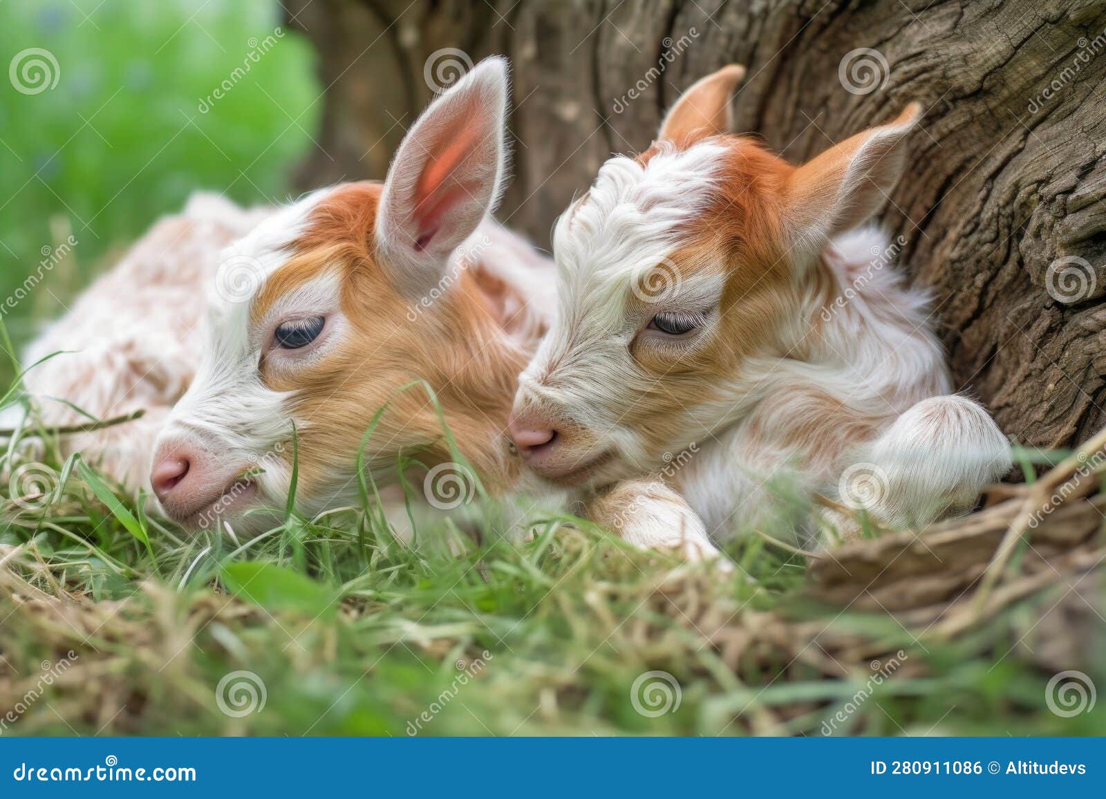 Pair of Tiny Goats Napping in the Grass, Their Legs Intertwined Stock ...