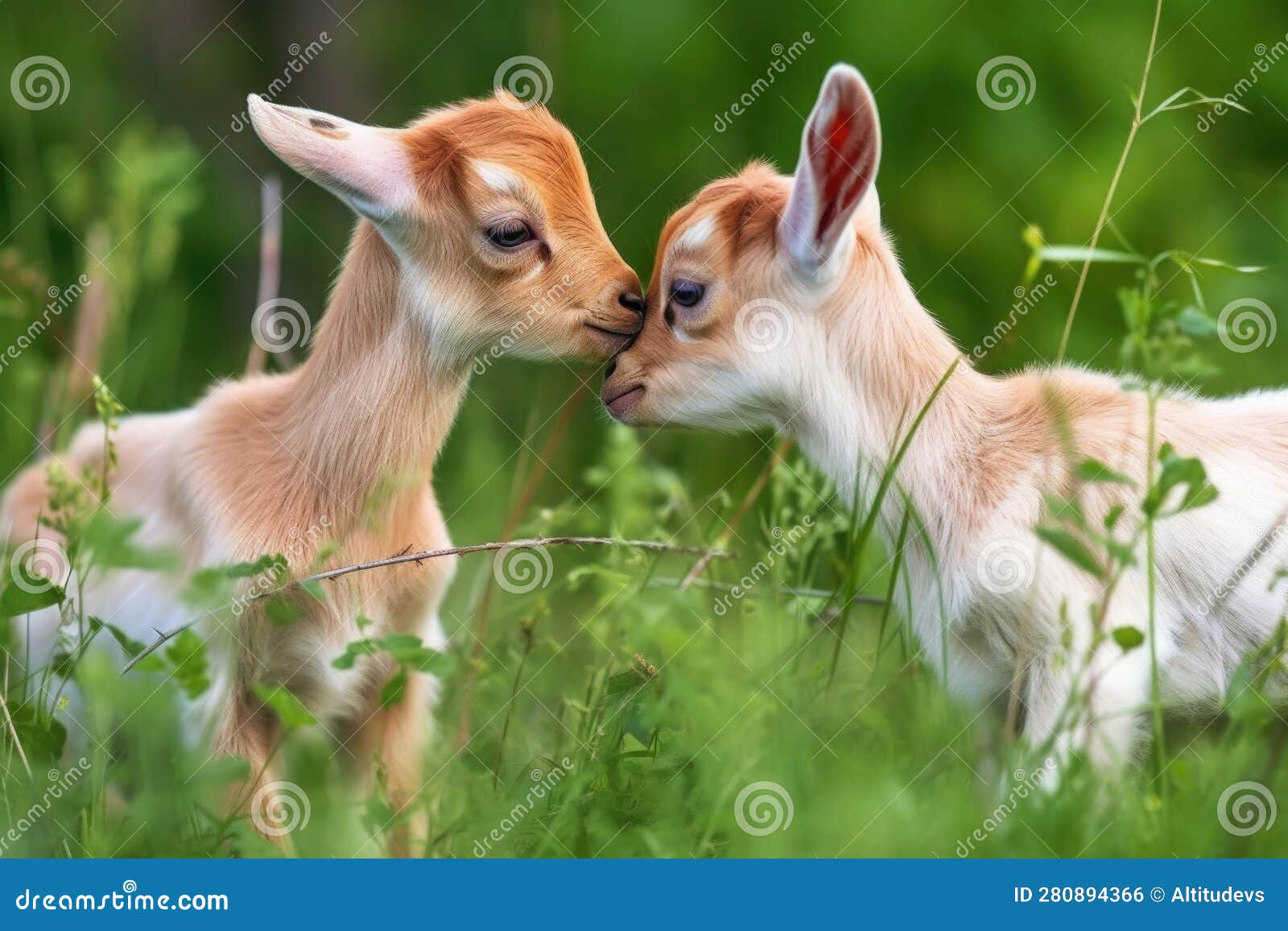 A Pair of Tiny Goats Playfully Head-butting Each Other in a Lush Green ...