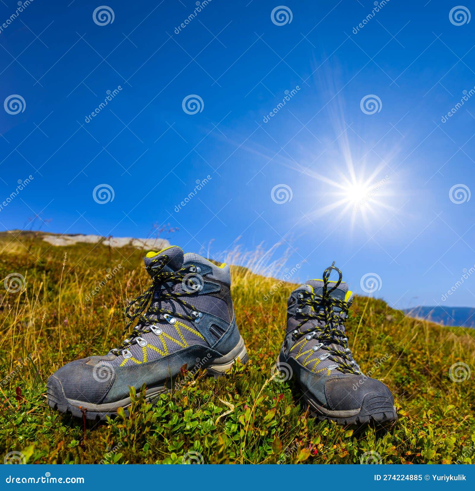 Touristic Boot on Mount Slope Under a Sparkle Sun Stock Image - Image ...
