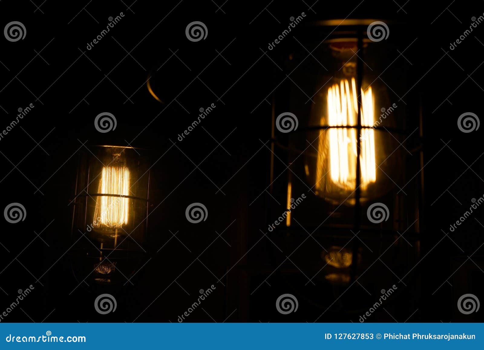 Pair of Vintage Electrical Lamps Lighting Up in Dark Room Stock Image ...