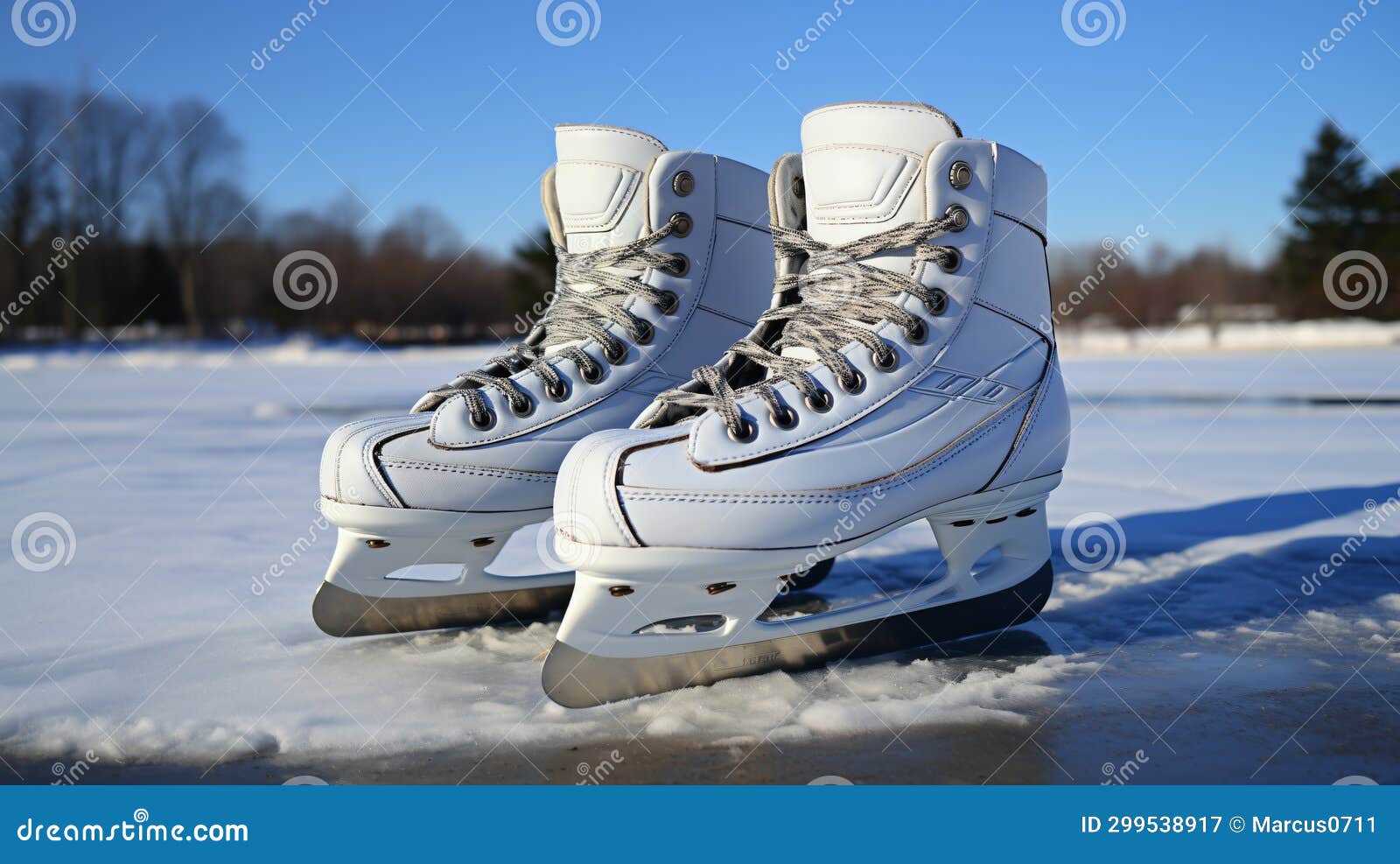 A Pair of White Ice Skates Stand in the Sunlight on an Ice Surface ...