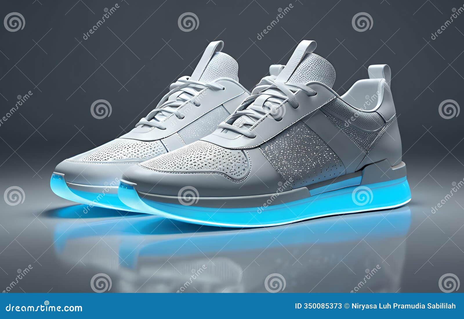 Pair of White Sneakers with Light Blue Glowing Soles on a Reflective ...
