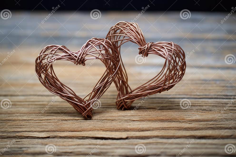 A Pair of Wire Hearts Intertwined on Rustic Wood Stock Photo - Image of ...