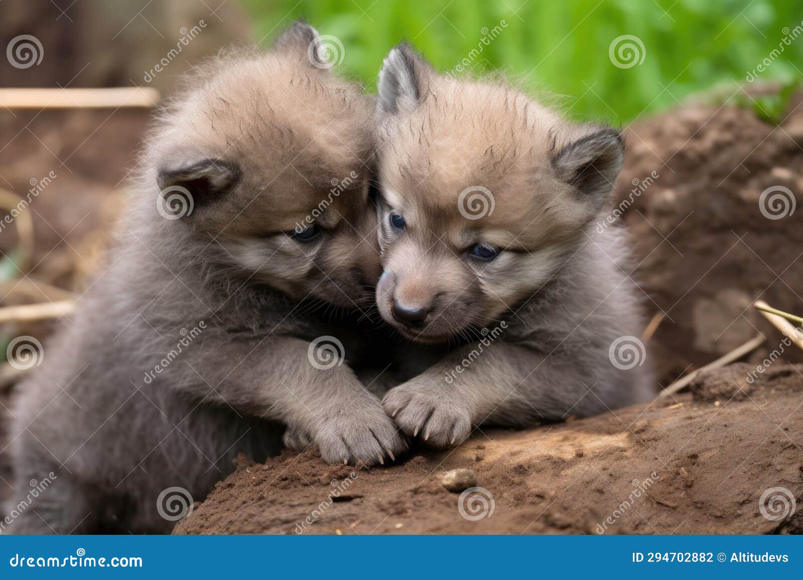 Pair of Wolf Cubs Play-wrestling Together Stock Photo - Image of ...