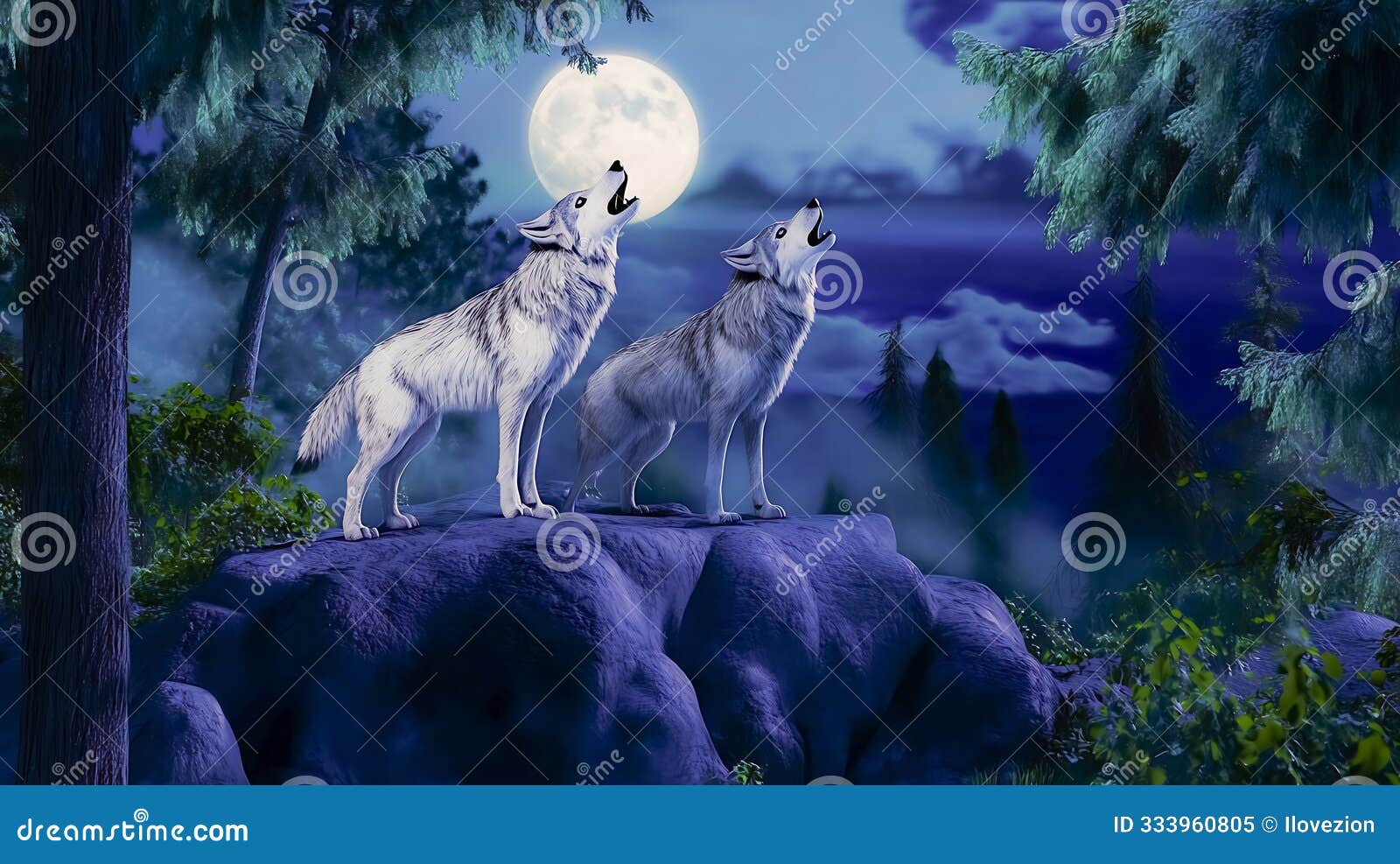 A Pair of Wolves Howling at the Moon with a Forest Backdrop, the ...