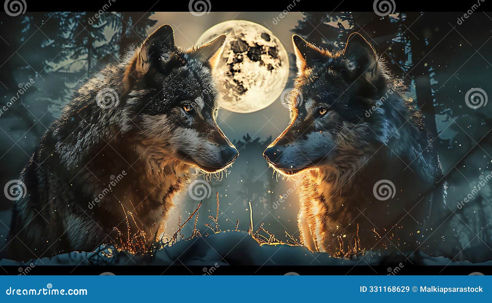 A Pair of Wolves Looking Each Other at Night and Moon, Alpha Wolf ...