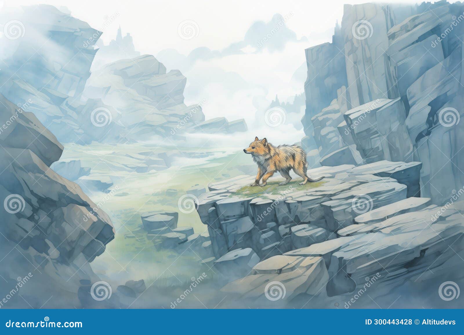 A Pair of Wolves Seen through the Mist on a Rocky Valley Ledge Stock ...