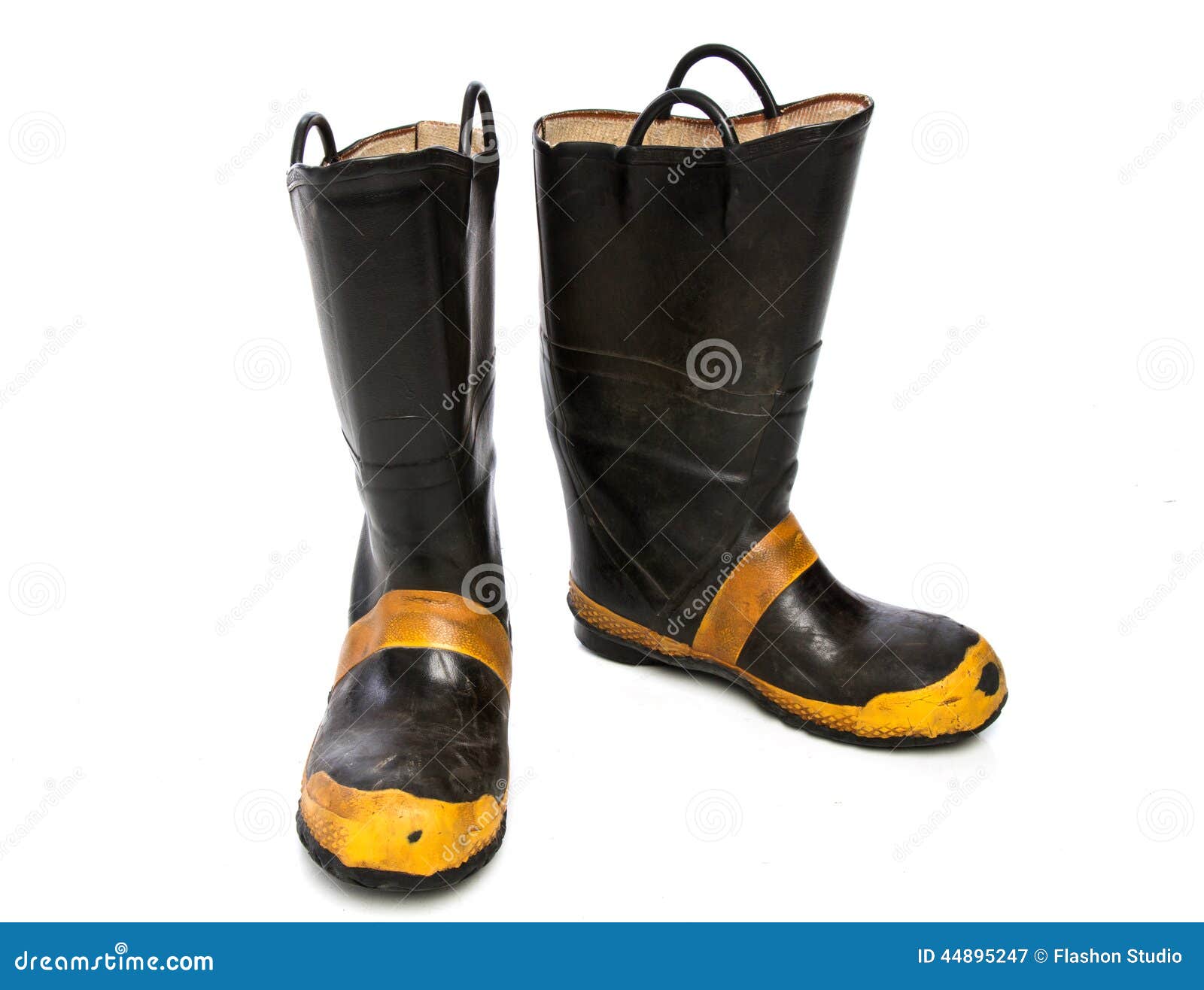 A Pair of Worn Fire Boots on White Stock Image - Image of worn, aged ...