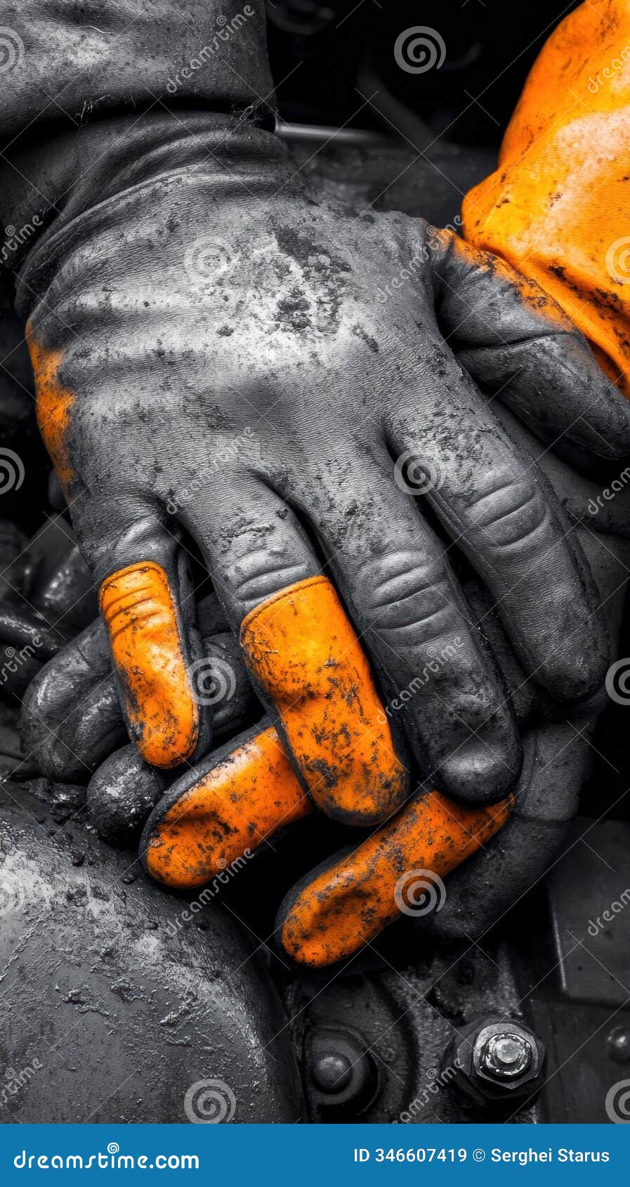 Worn Gloves Rest on a Greasy Engine, Showcasing Hard Work and ...