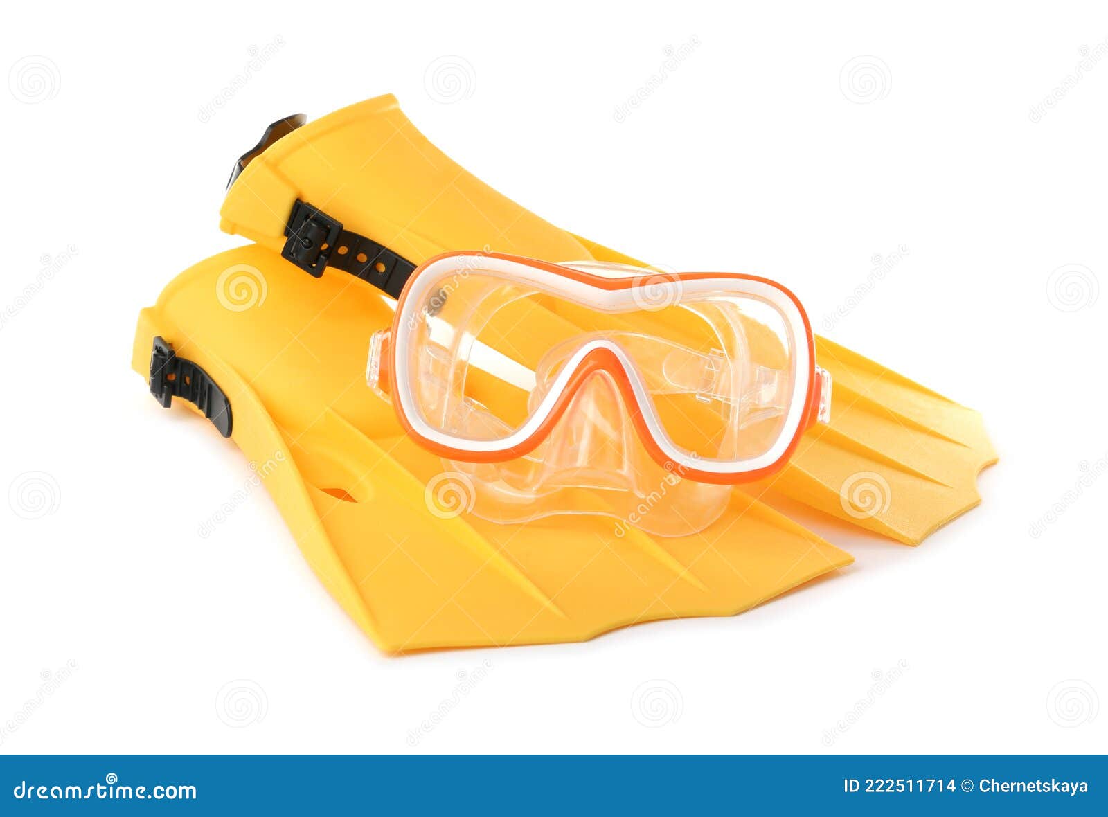 Pair of Yellow Flippers and Mask on White Background Stock Photo ...