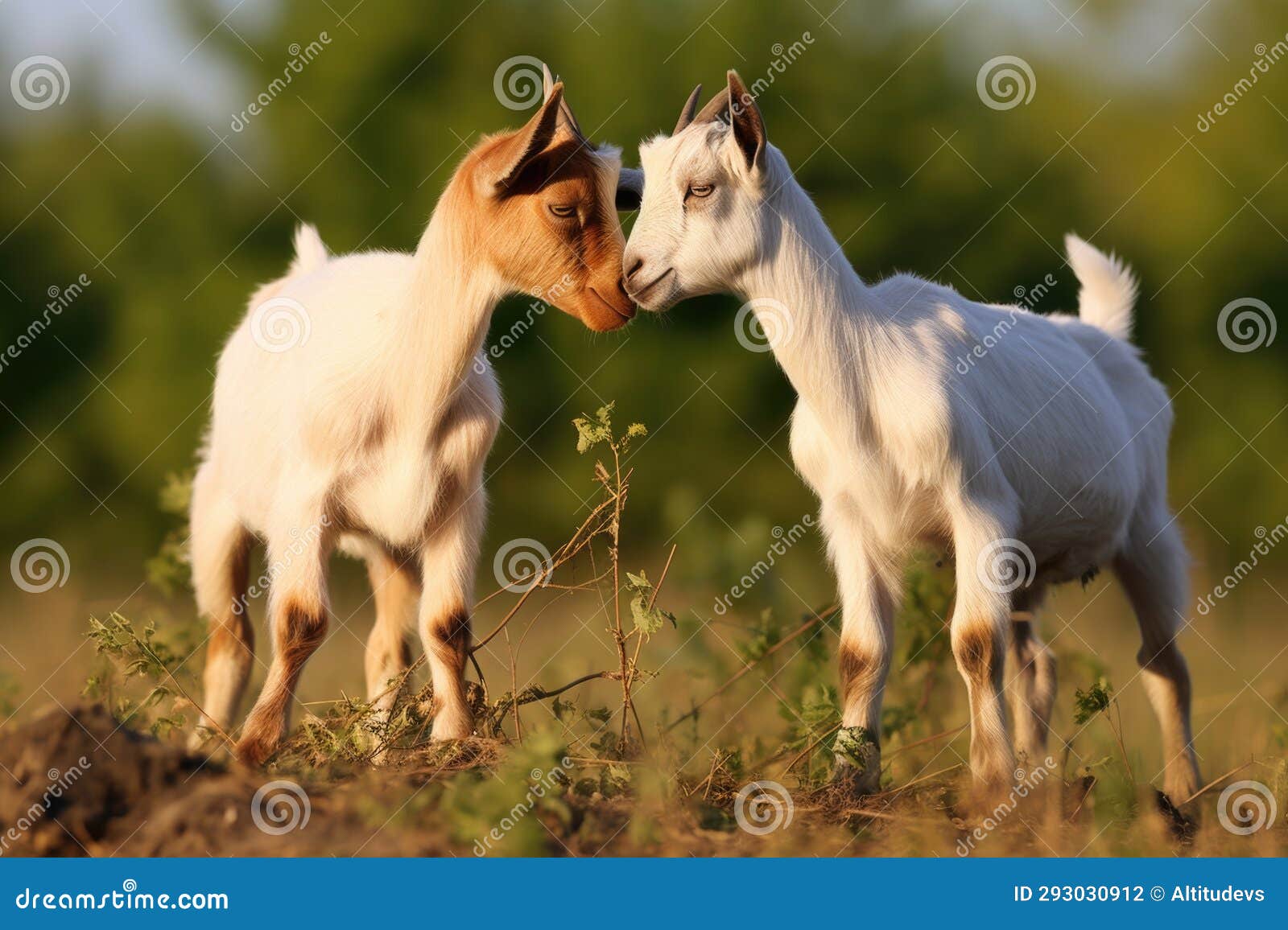 Pair of Young Goats Butting Heads in a Field Stock Photo - Image of ...