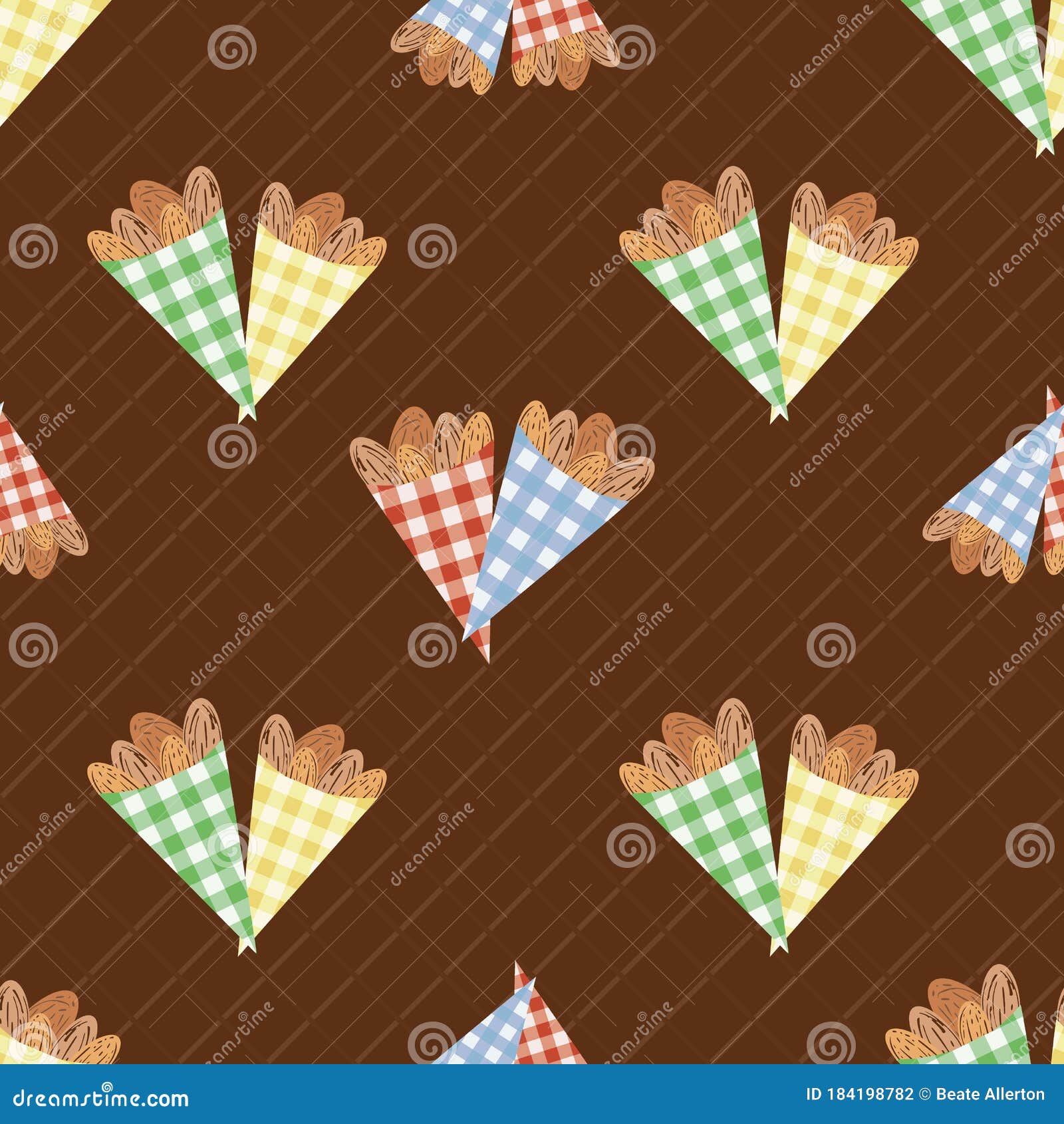Pairs of Roasted Almond Nuts in Cute Gingham Paper Bags Vector Seamless ...