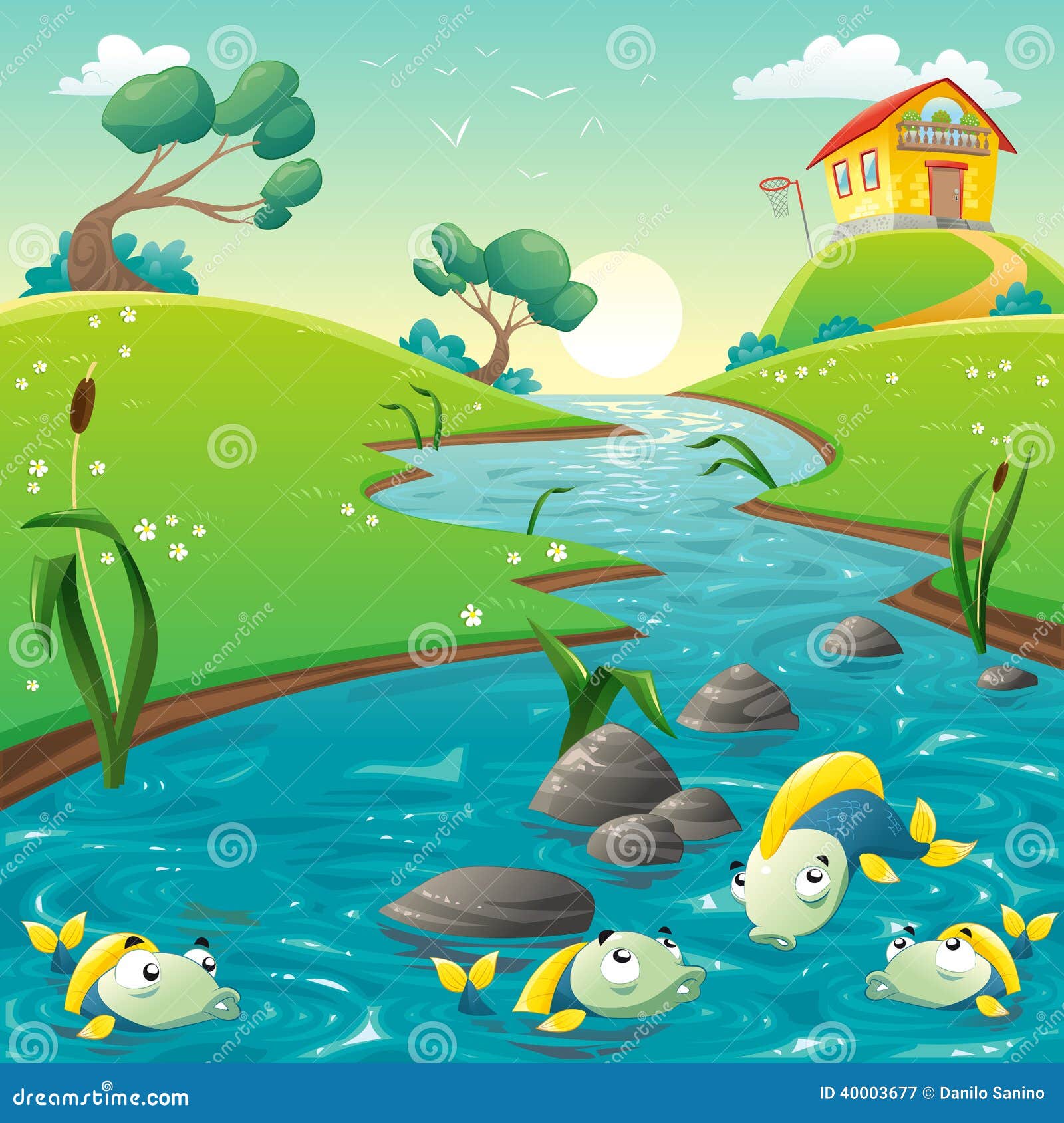 Paisagem Com Rio E Os Peixes Engraçados. Ilustração do Vetor ...