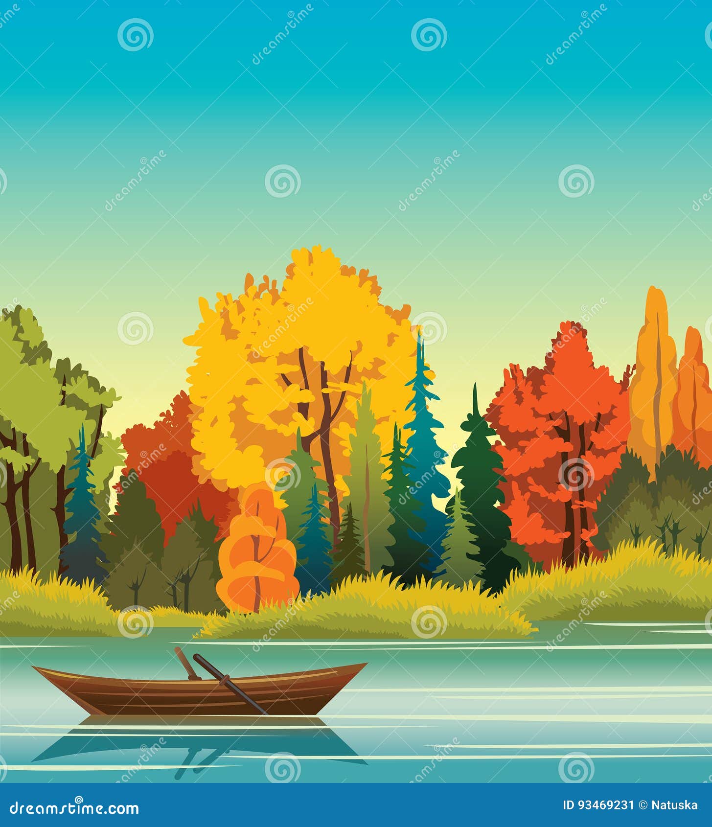 Paisagem Do Outono Com Barco, Lago E Floresta Ilustração do Vetor ...