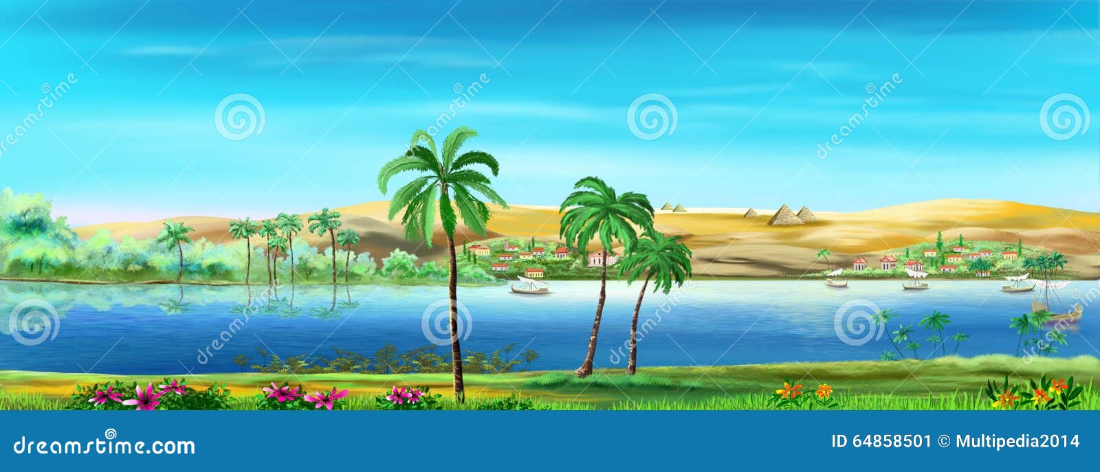 Paisaje del río Nilo stock de ilustración. Ilustración de cubo - 64858501
