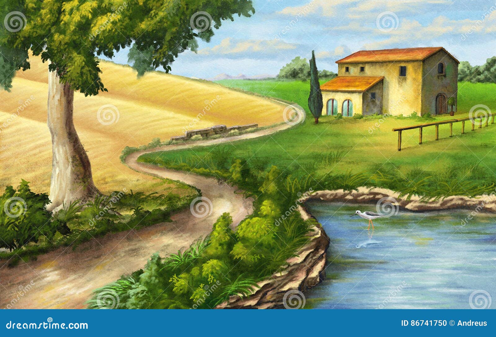 Paisaje rural stock de ilustración. Ilustración de hierba - 86741750