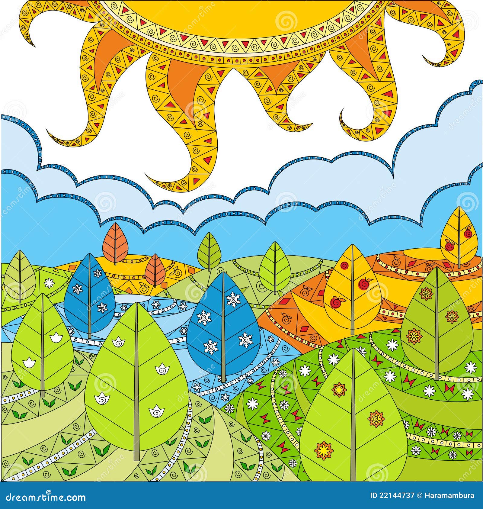 Paisaje solar. Estaciones. stock de ilustración. Ilustración de navidad ...