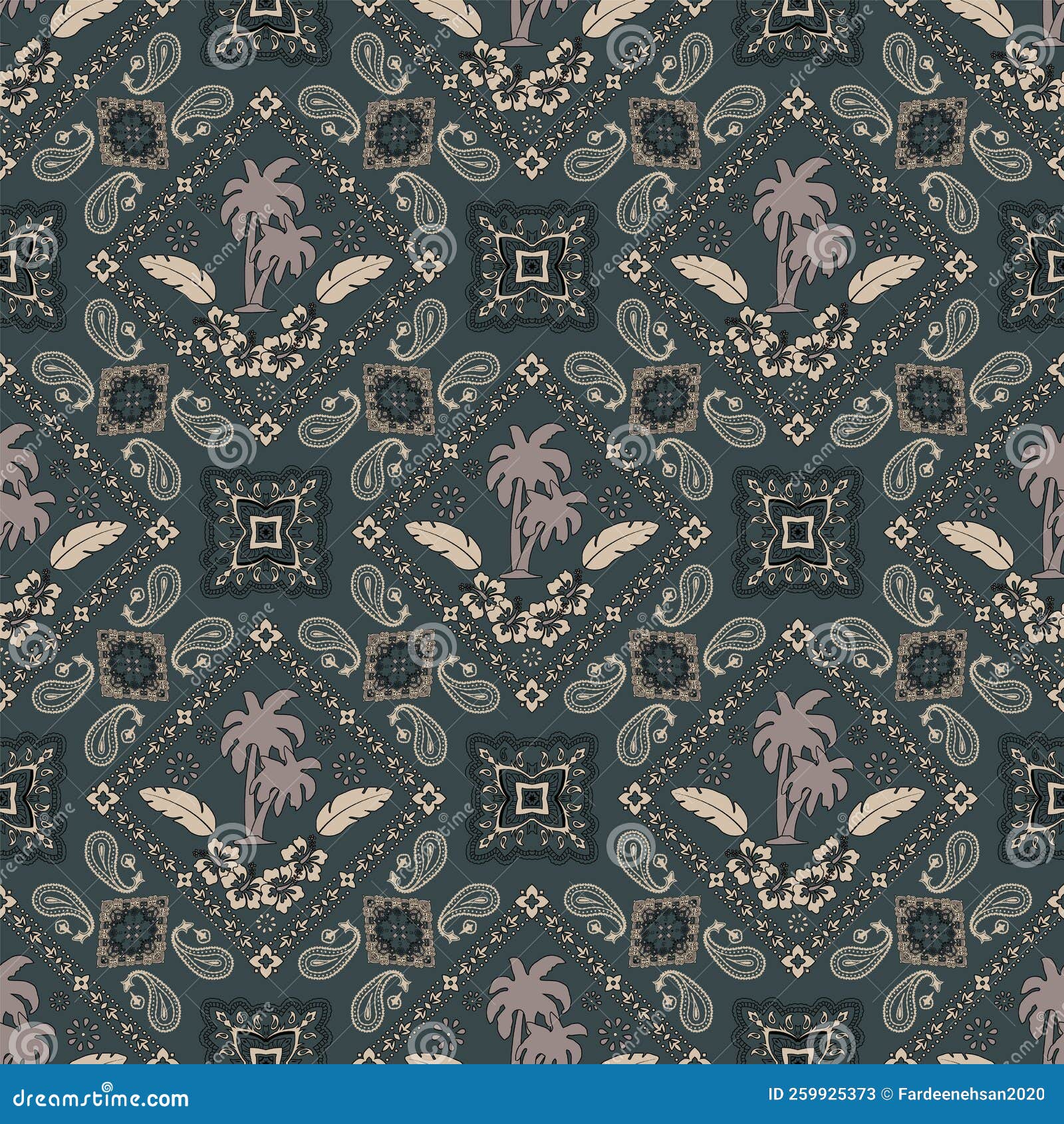 Paisley Bandana Seamless Pattern with Flower Leaf and Palm Tree Stock ...