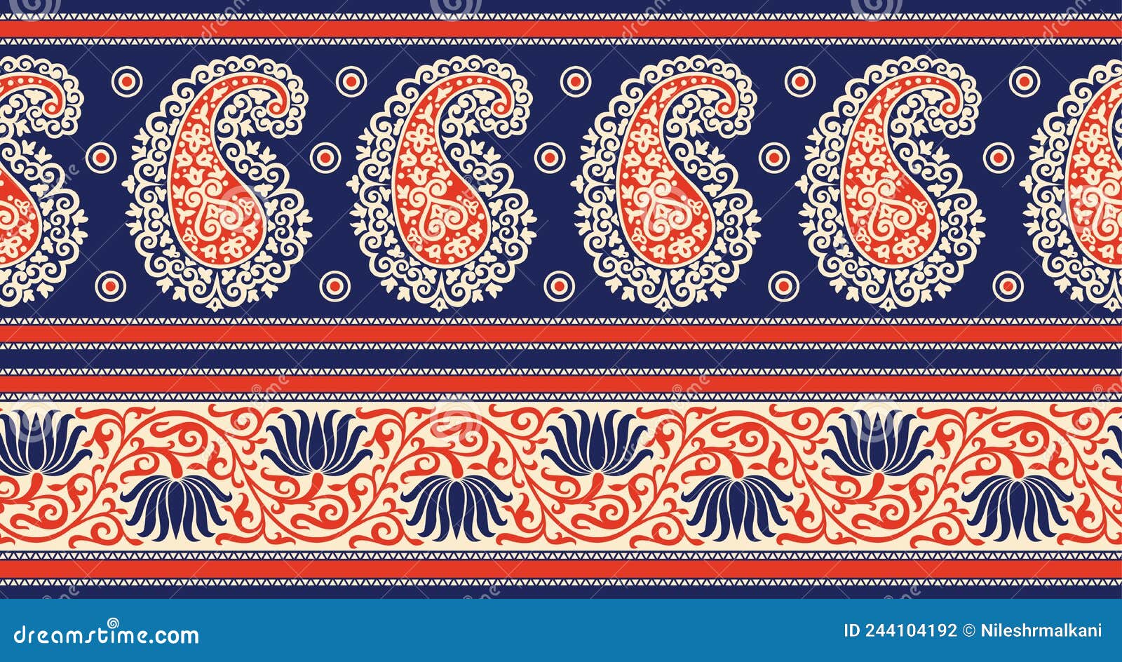 Paisley Border Design with Lotus Flower Stock Vector - Illustration of ...