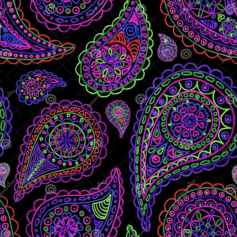 Paisley Buta Doodle Colorful Line Art Seamless Pattern Vector Stock