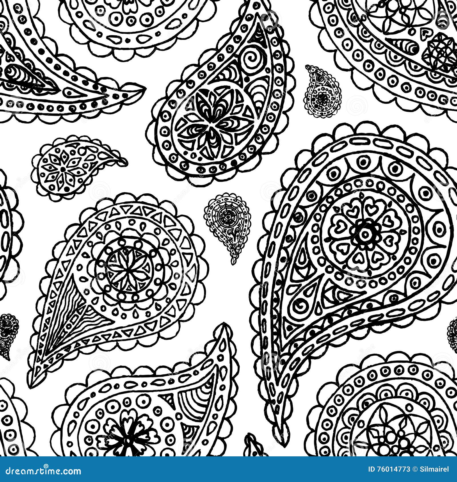Paisley Buta Doodle Monochrome Line Art Seamless Pattern Vector Stock ...