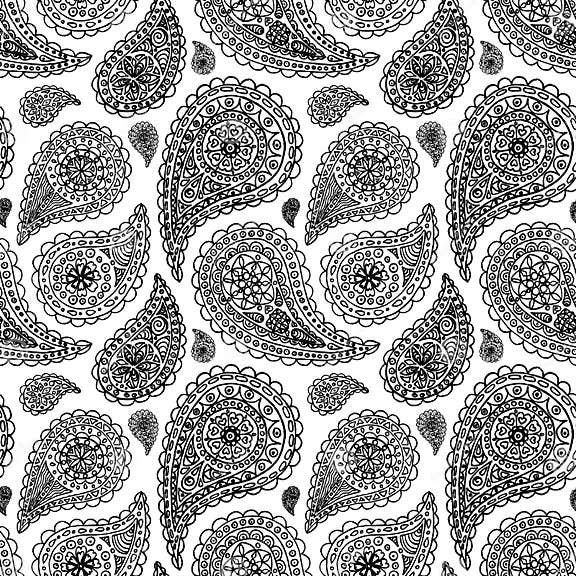Paisley Buta Doodle Monochrome Line Art Seamless Pattern Stock