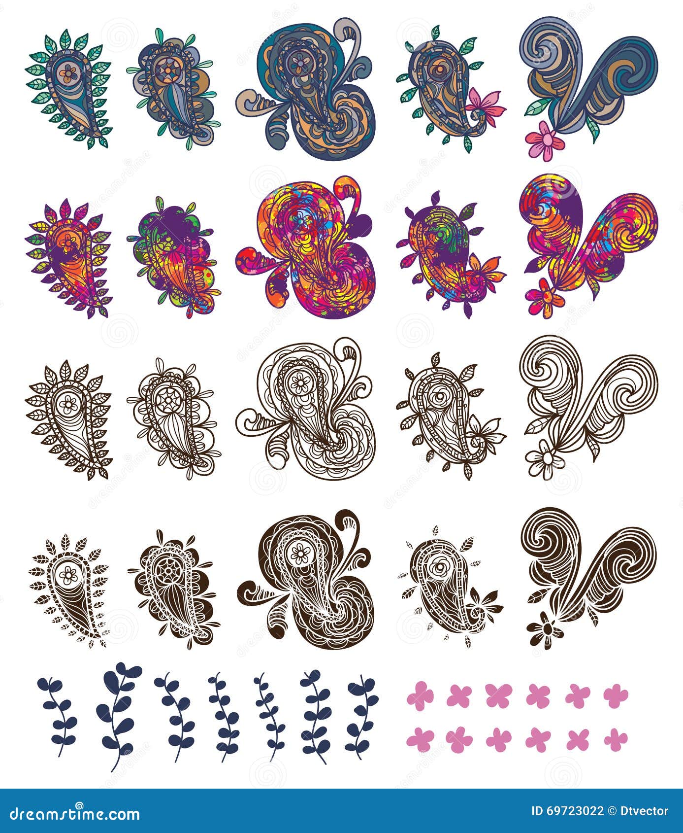 Paisley drawing set stock vector. Illustration of fabric - 69723022