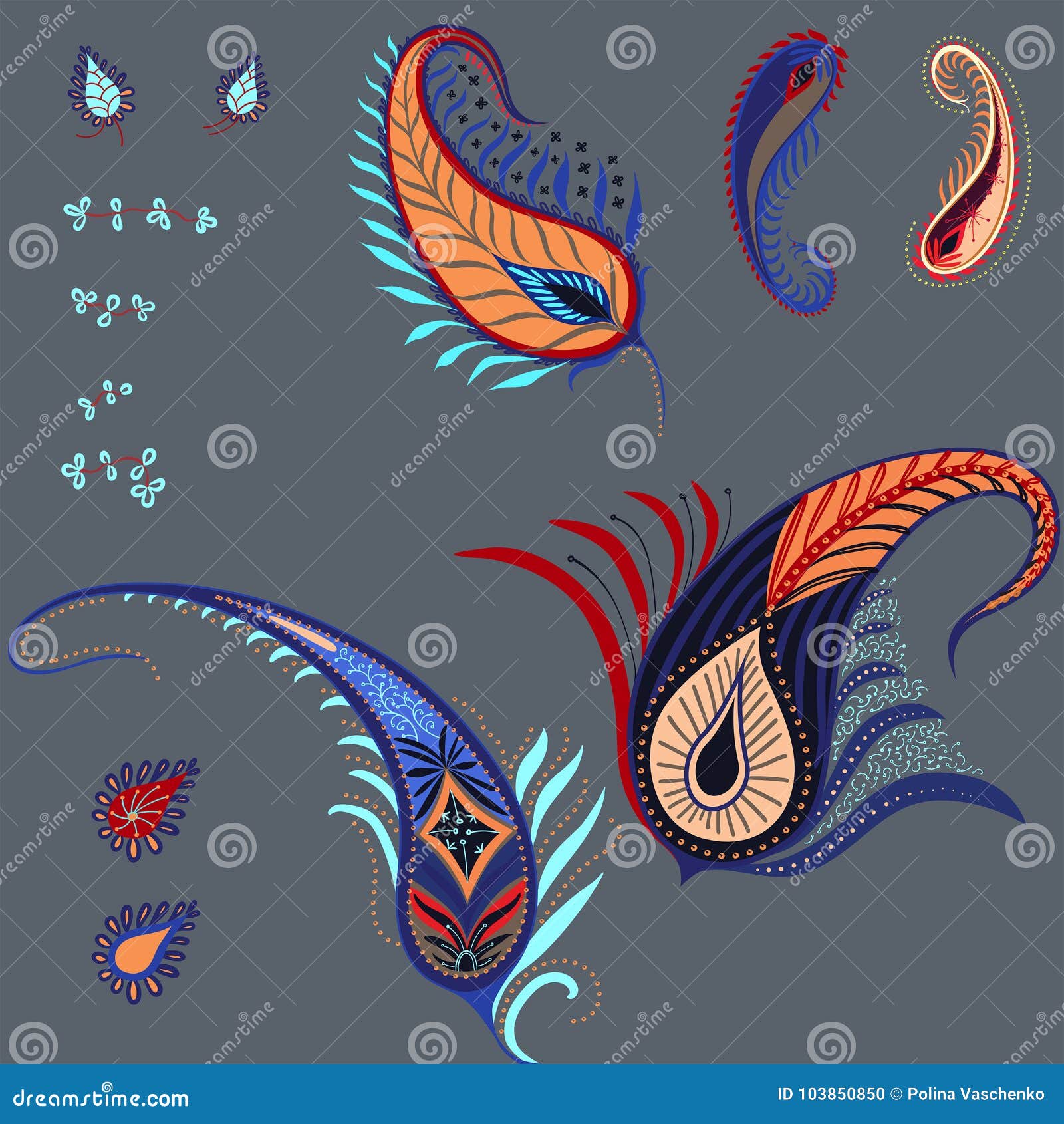 New Vector Elements of Paisley Plants and Feathers, Set Stock Vector ...