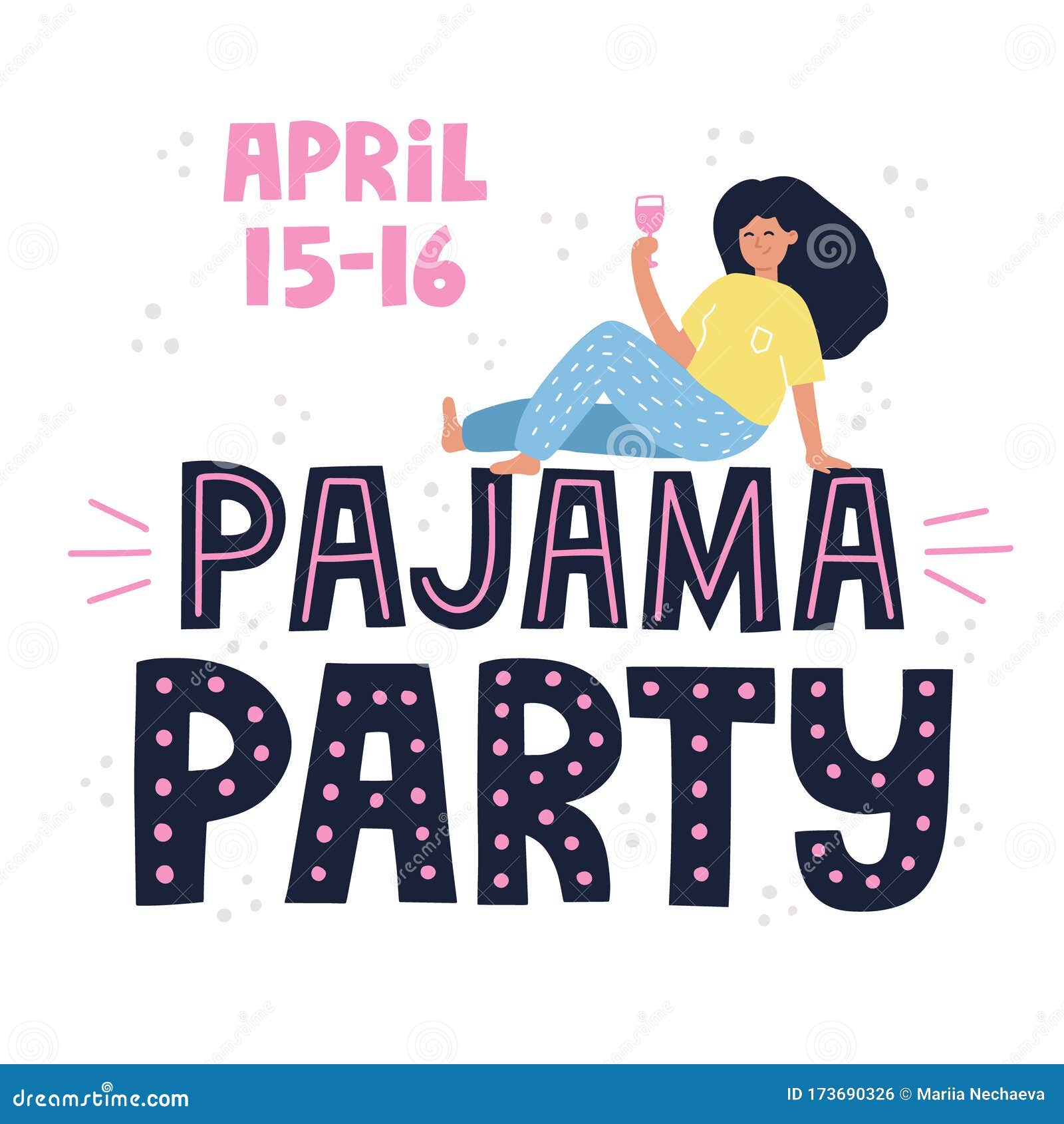 Pajama Party Quote Happy Girls In Pajama Drinking Wine Illustration