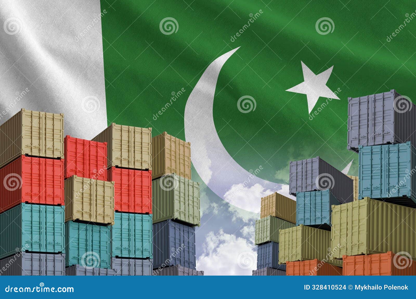 Pakistan Flag and Big Stack of Shipping Cargo Containers in Docks with ...