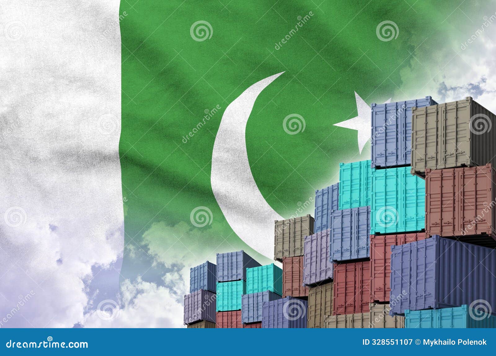Pakistan Flag and Big Stack of Shipping Cargo Containers in Docks with ...