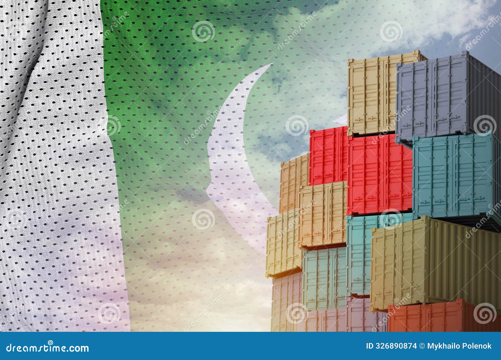 Pakistan Flag and Big Stack of Shipping Cargo Containers in Docks with ...
