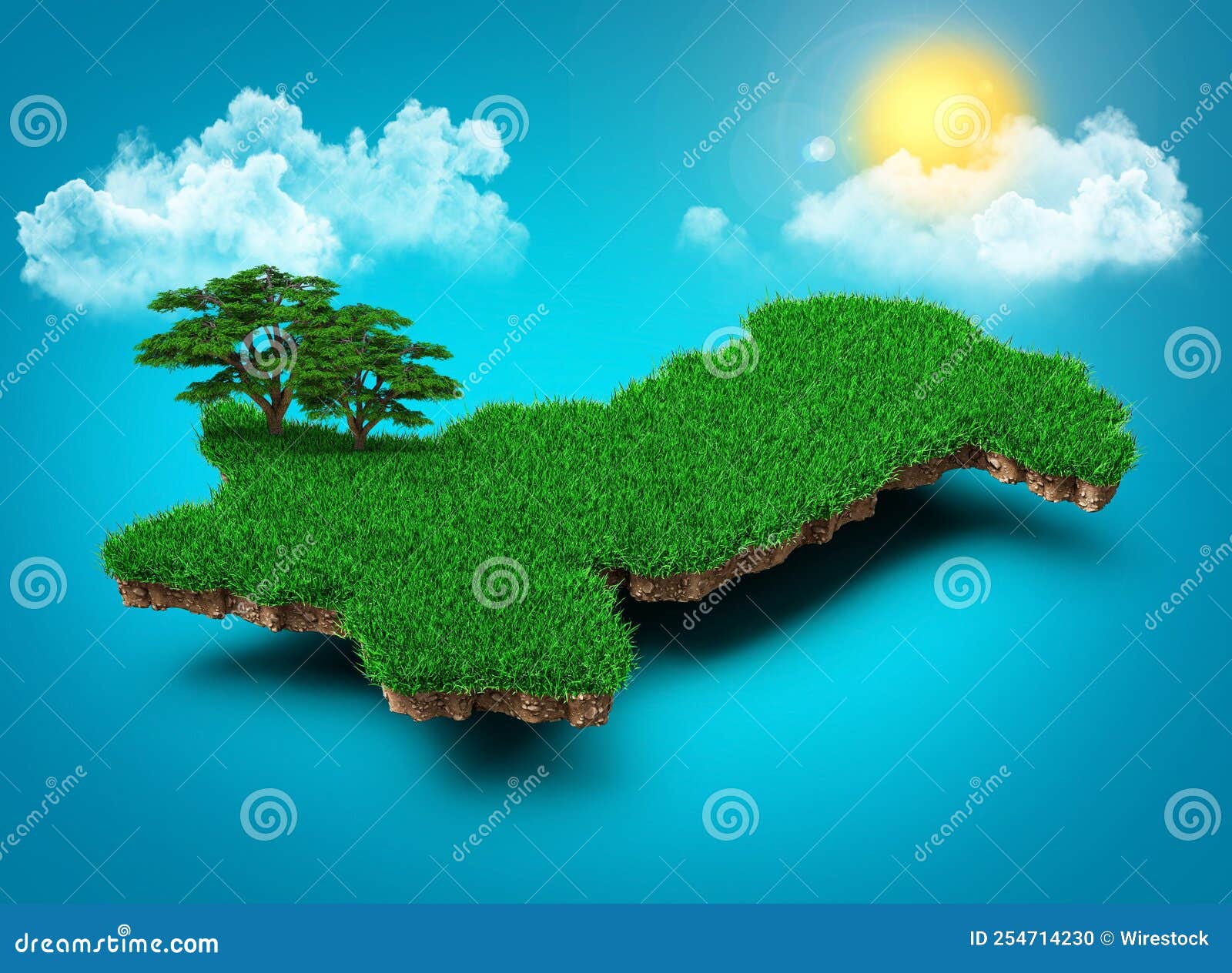 Pakistan Map with Green Grass and Clouds, Tree, and Sun Rays on a Blue ...