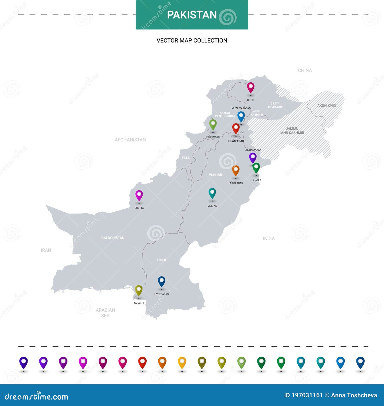 Pakistan Map with Location Pointer Marks. Stock Vector - Illustration ...