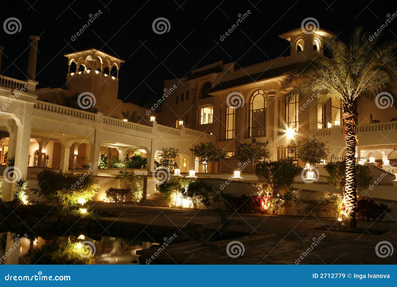 Palace in Egypt at night stock image. Image of palm, night - 2712779