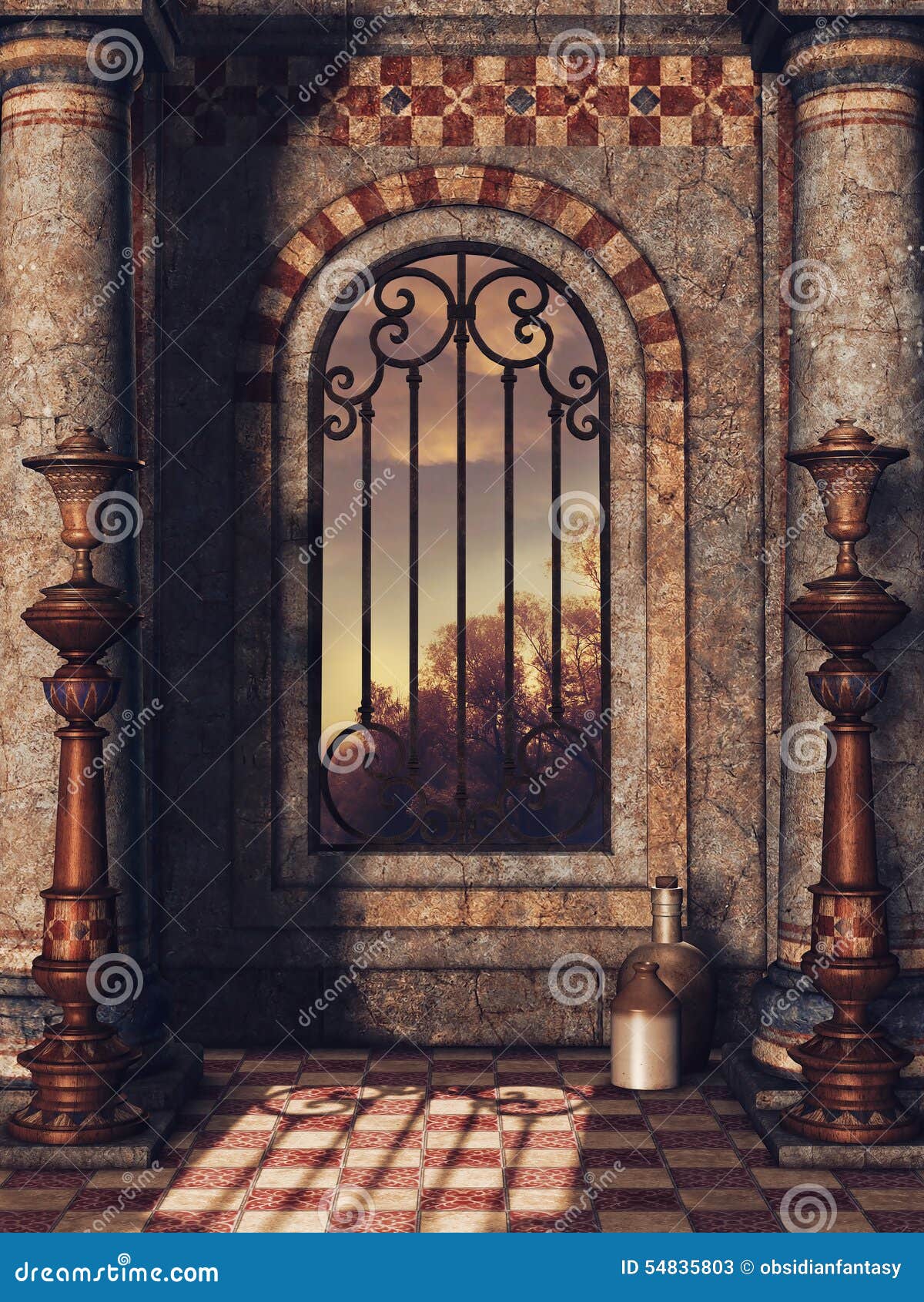 Palace window with vases stock illustration. Illustration of background ...
