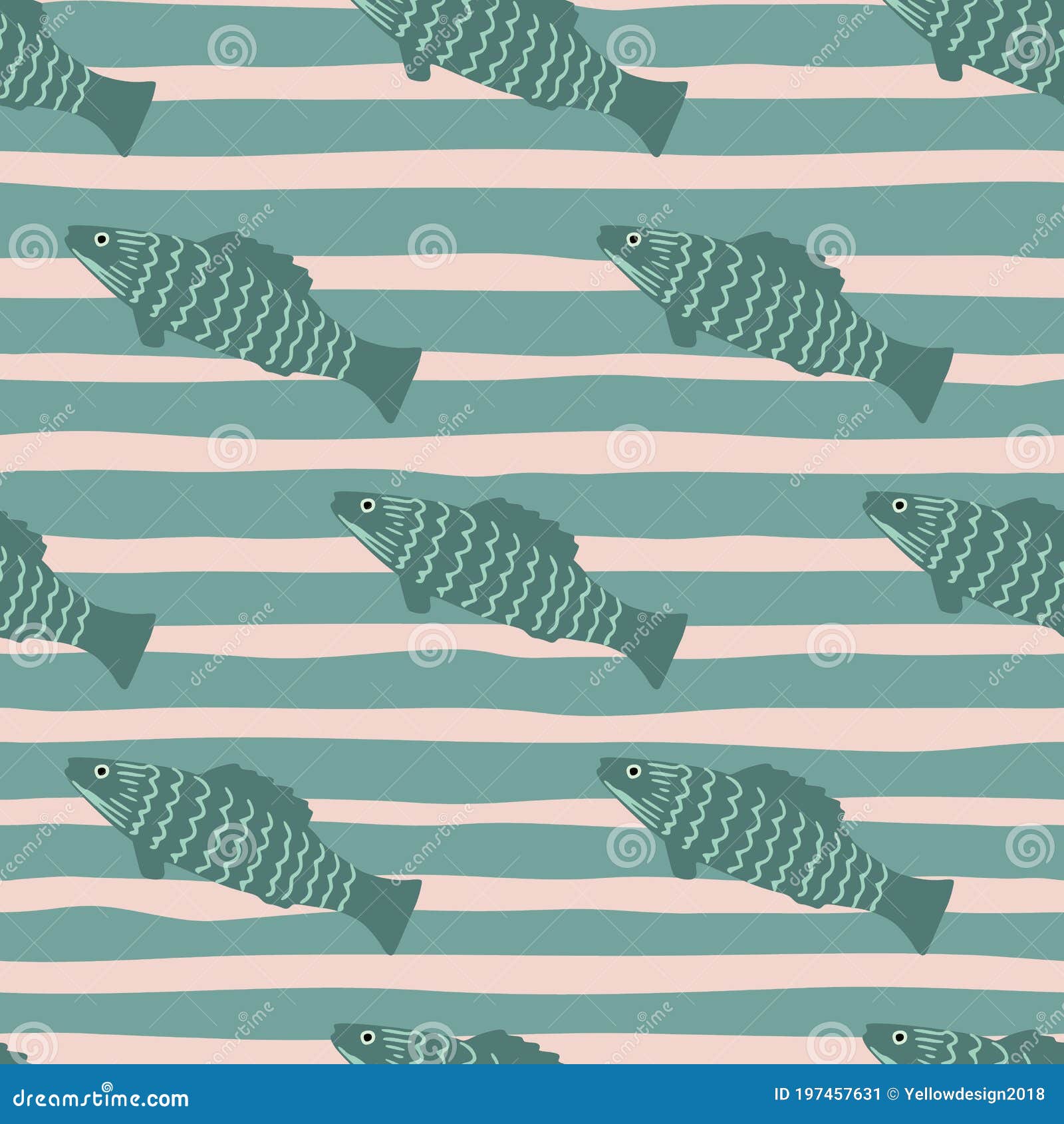 Pale Dark Turquoise Fish Print Seamless Pattern. Stylized Doodle Nature ...