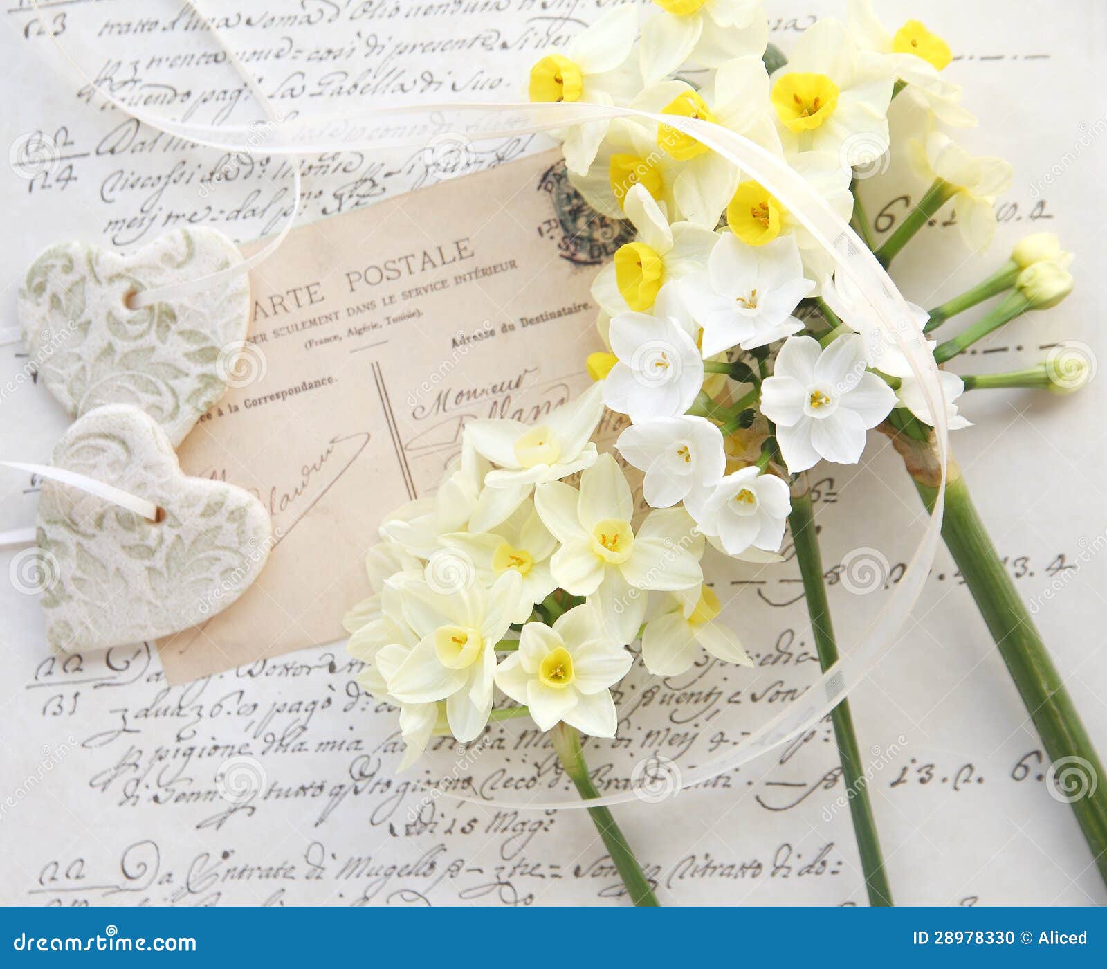 Pale Flowers with Hearts and Old Script Stock Photo - Image of spring ...