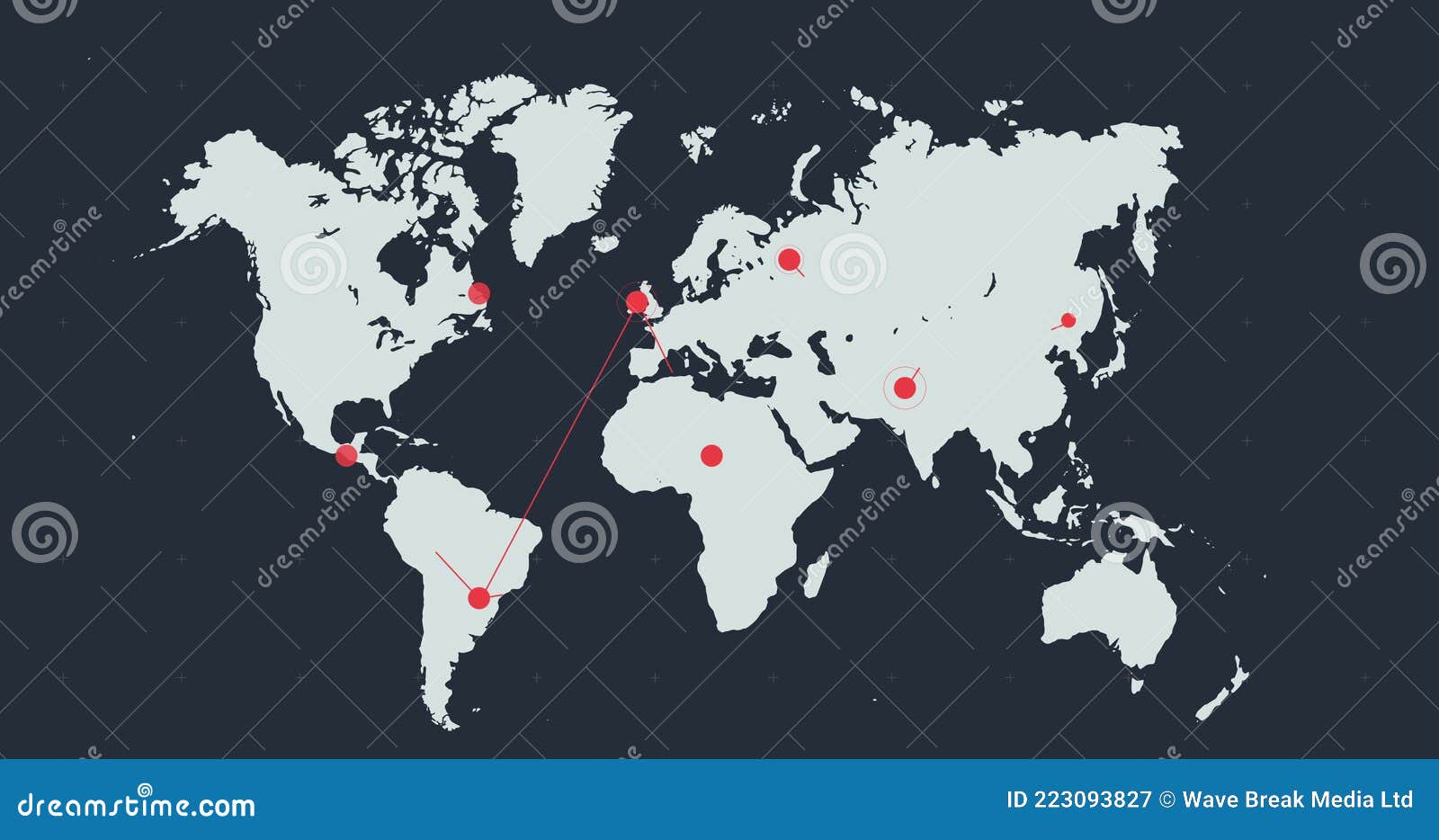 Pale Grey World Map with Moving Red Network of Connected Points on Dark ...