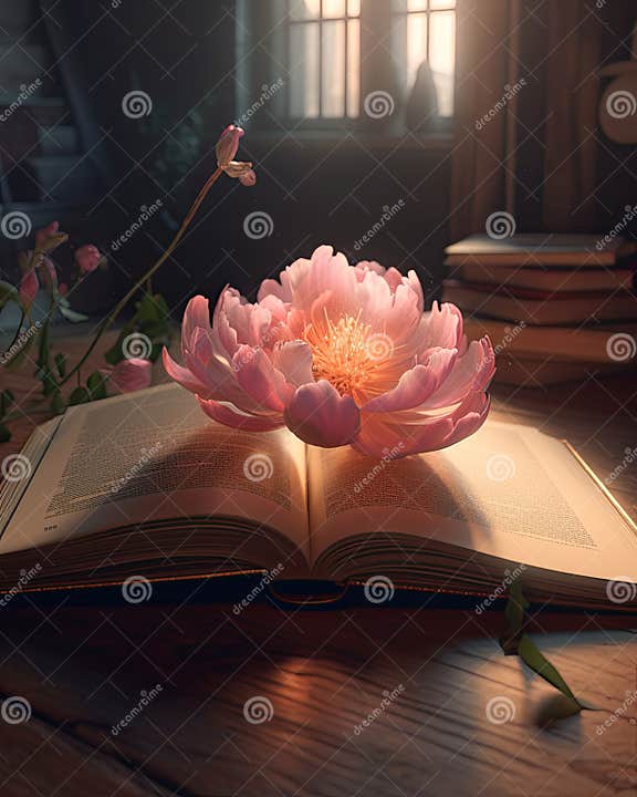 Pale Pink Peony Grows in an Open Book Stock Illustration - Illustration ...