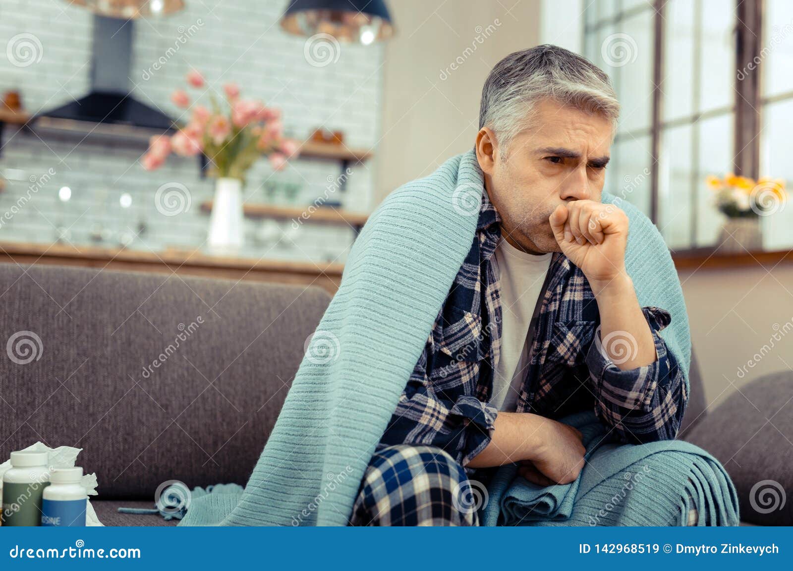 Sick Pale Unhappy Sad Depressed Man With Thermometer In Mouth Stock ...