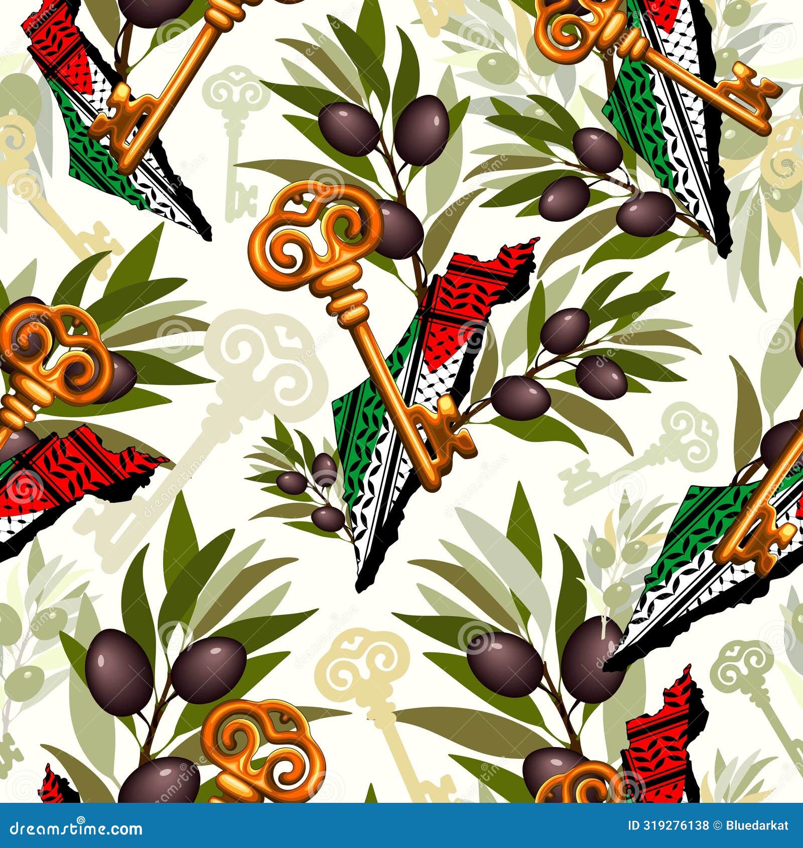 Palestinian Key, Palestine Map And Olive Tree Branches Symbols Of ...