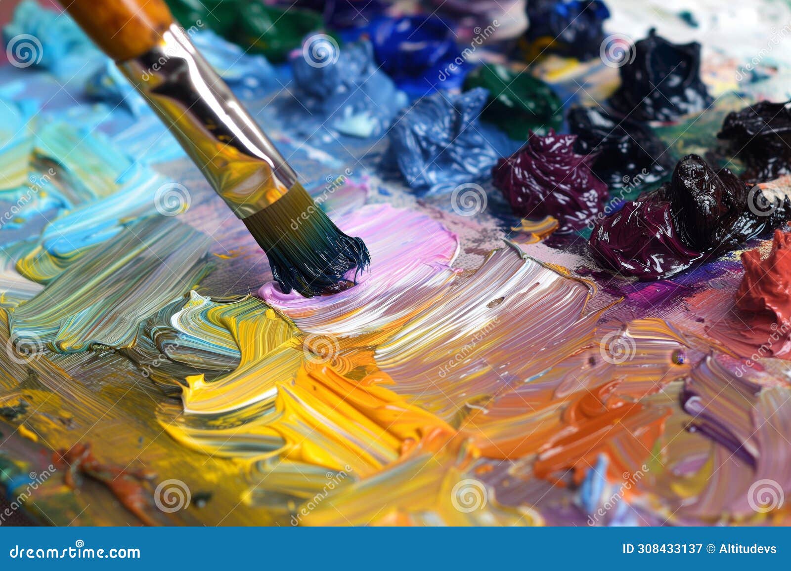 Palette with Blobs Merging, Brush in Motion Mixing Colors Stock Image ...
