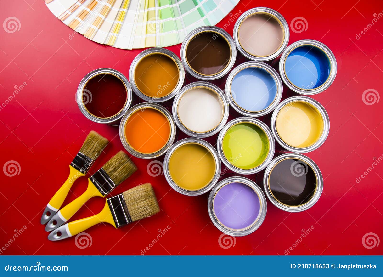 Palette of Paint Samples and Paintbrush Stock Image - Image of bucket ...