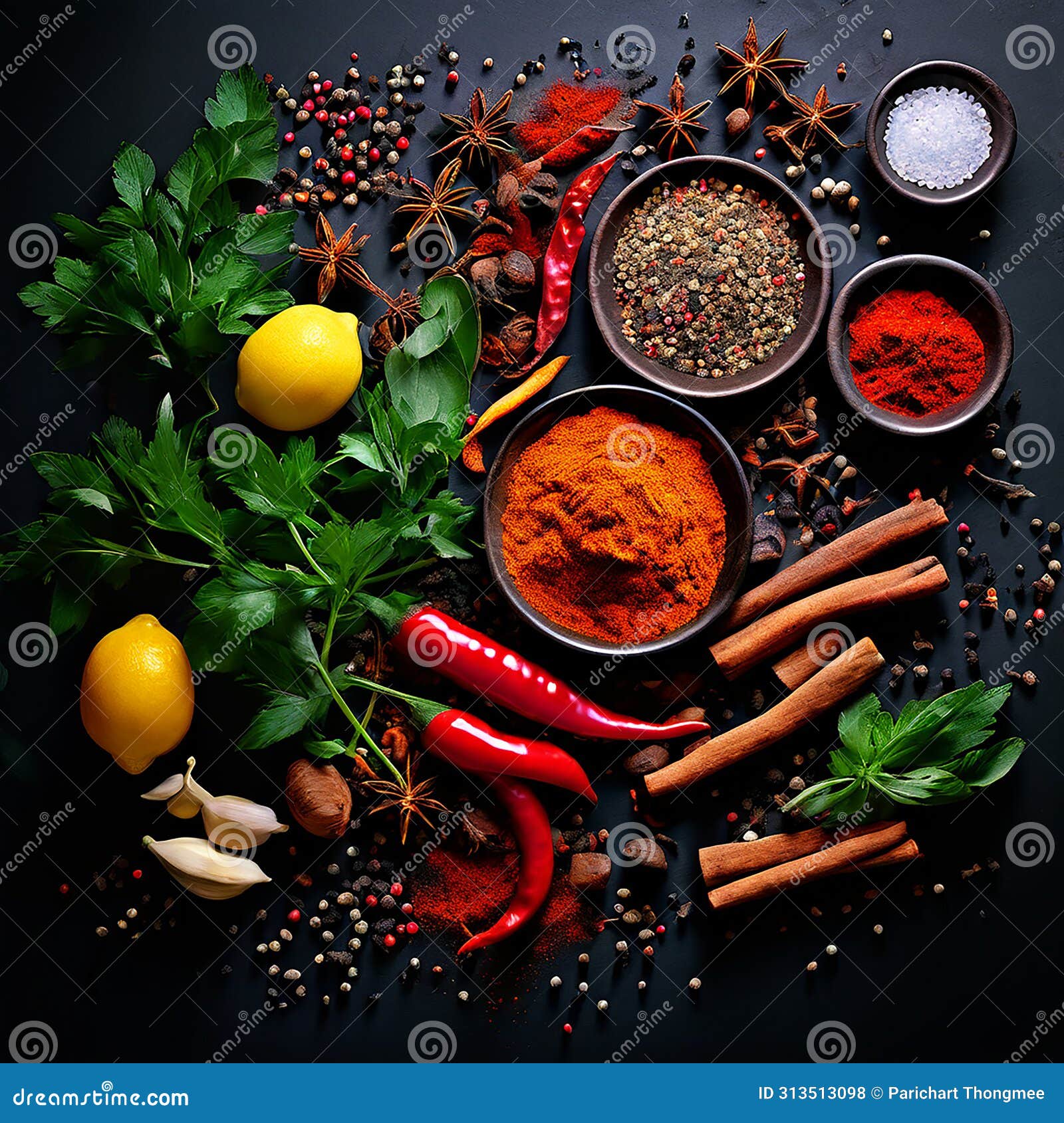 Palette of Taste: Various Herbs and Spices on Dark Background Stock ...