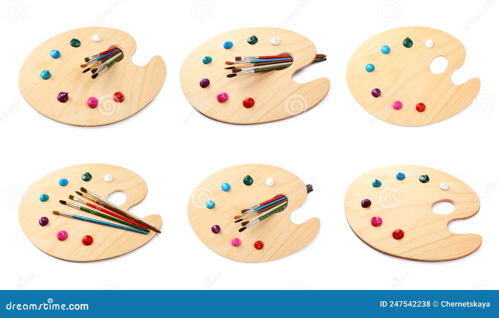 Palettes With Paints And Brushes On White Background, Collage Royalty ...